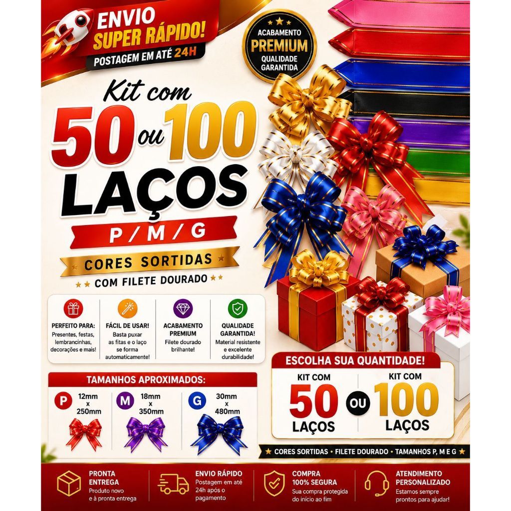 Kit 50 E 100 Laços Mágicos Para Presente Com Filete Dourado P/M/G Com ...