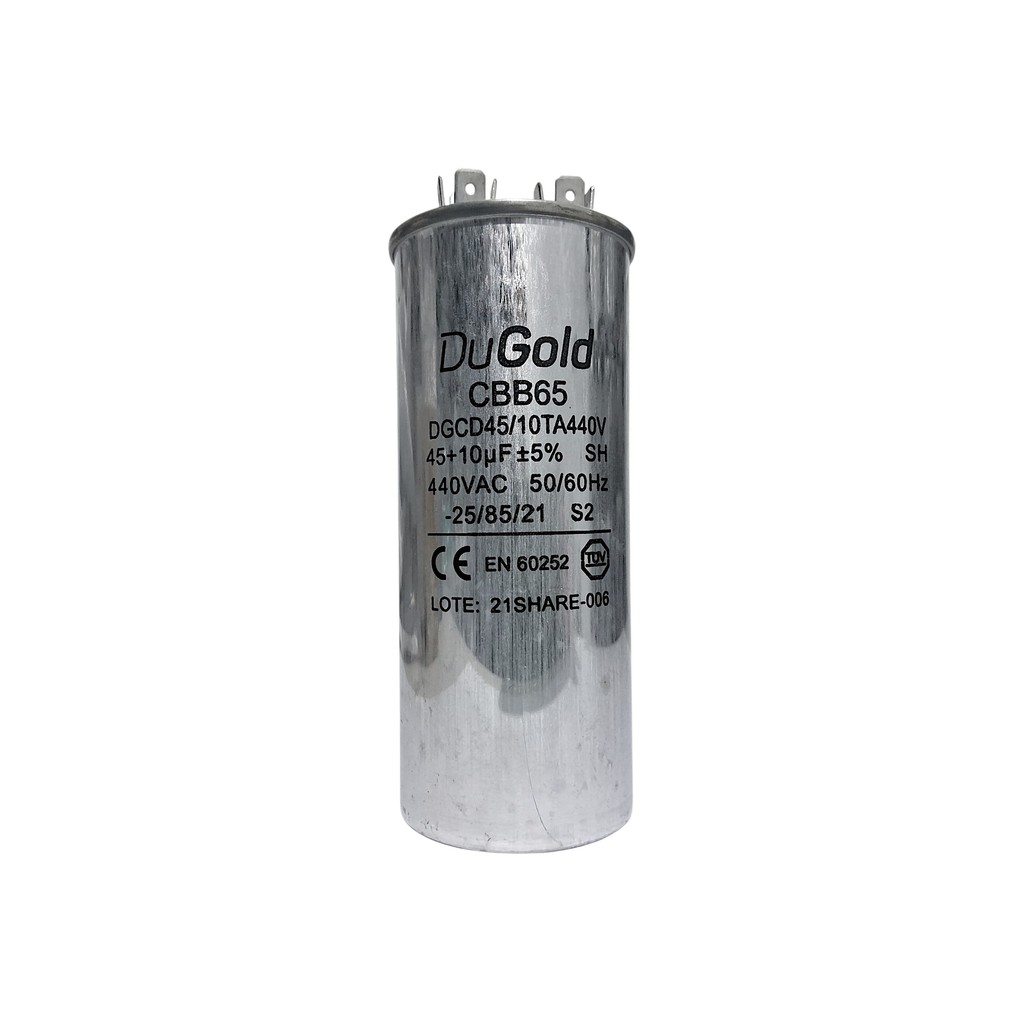 CAPACITOR DUPLO DUGOLD 45+10MFD 440V C/ TERMINAL | Shopee Brasil