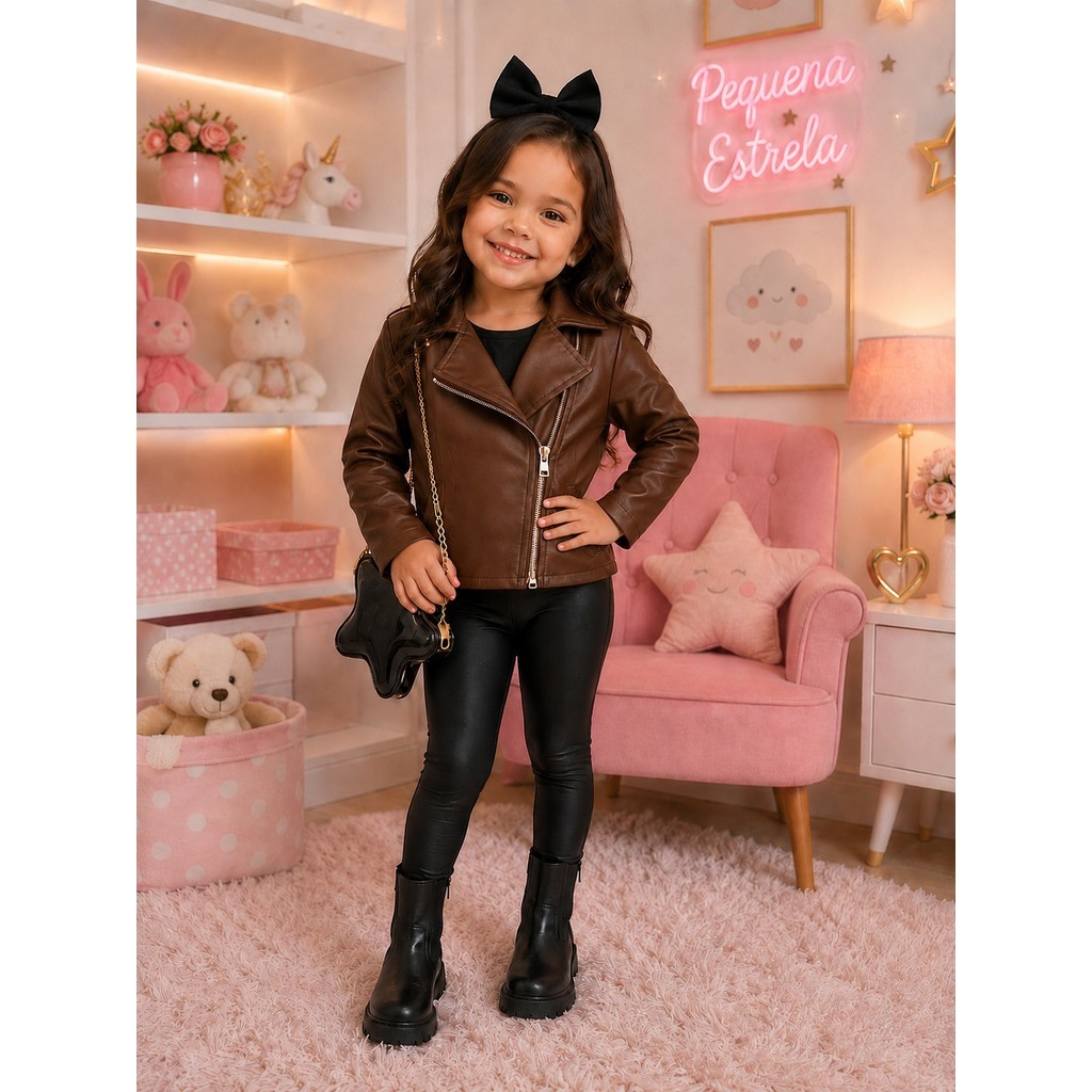 Conjunto 2 Pecas Legging e Jaqueta Infantil Menina Couro Fake Com Ziper ...