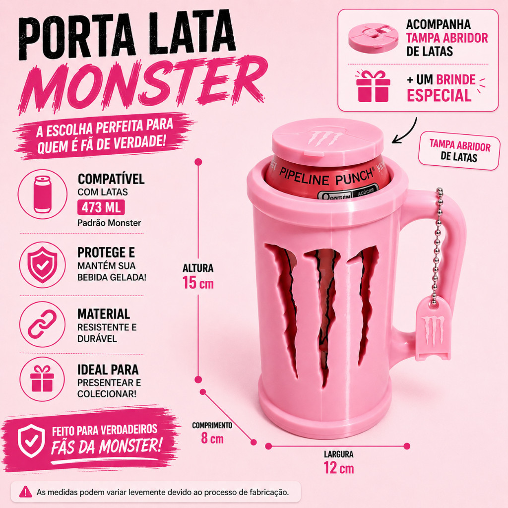 Kit Porta Lata Monster 3 em 1 Com Tampa e Abridor | Porta Energia ...