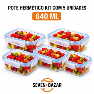 Kit 5 Potes de Vidro Borossilicato 640ml Hermético Retangular 4 Travas ...