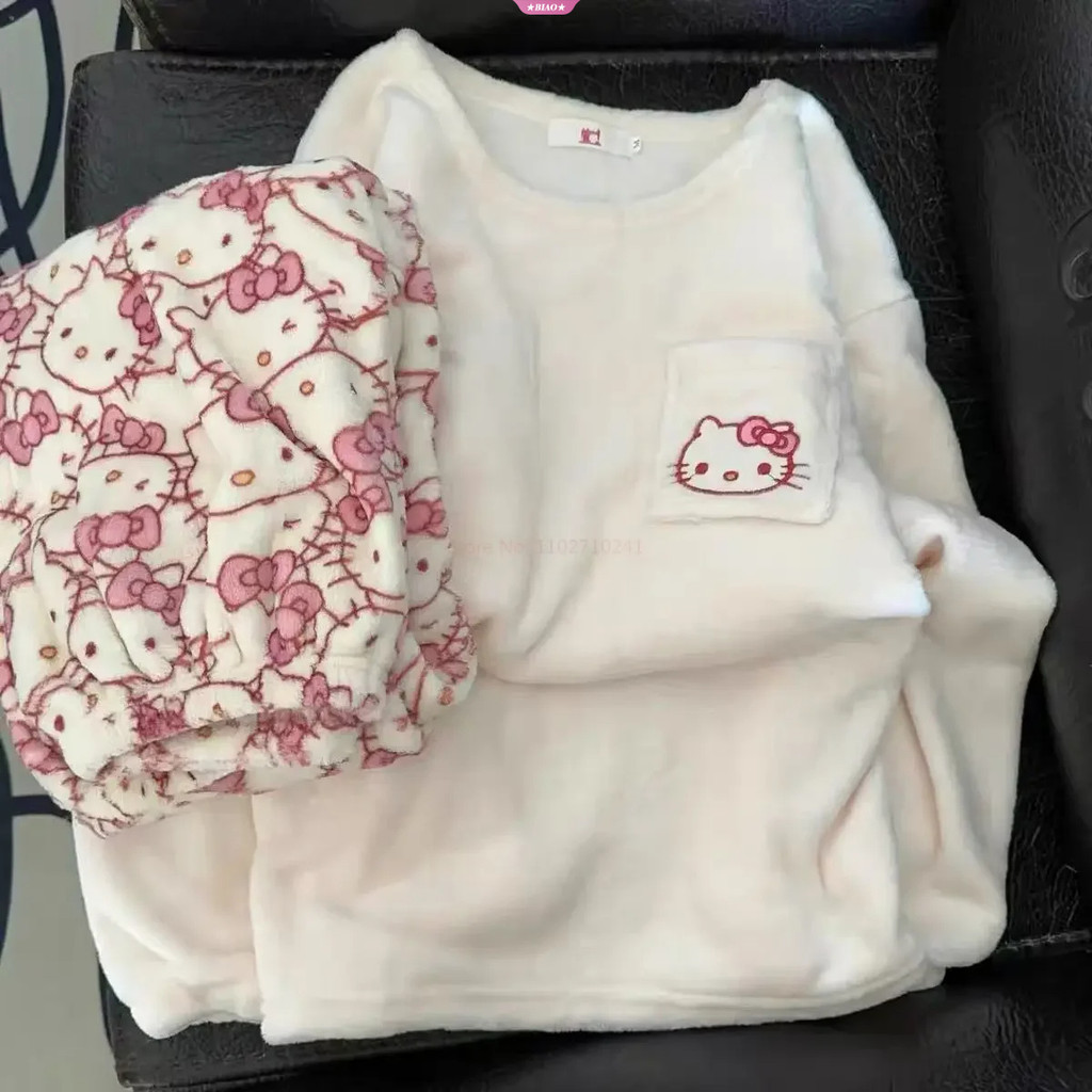 Pijama Sanrio Cartoon Hello Kitty Feminino De Flanela De Inverno Grosso ...