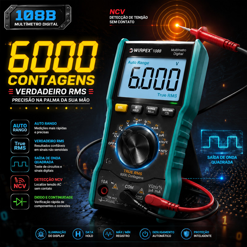 Multímetro Digital Profissional 108B True RMS 6000 Contagens: NCV, Onda ...