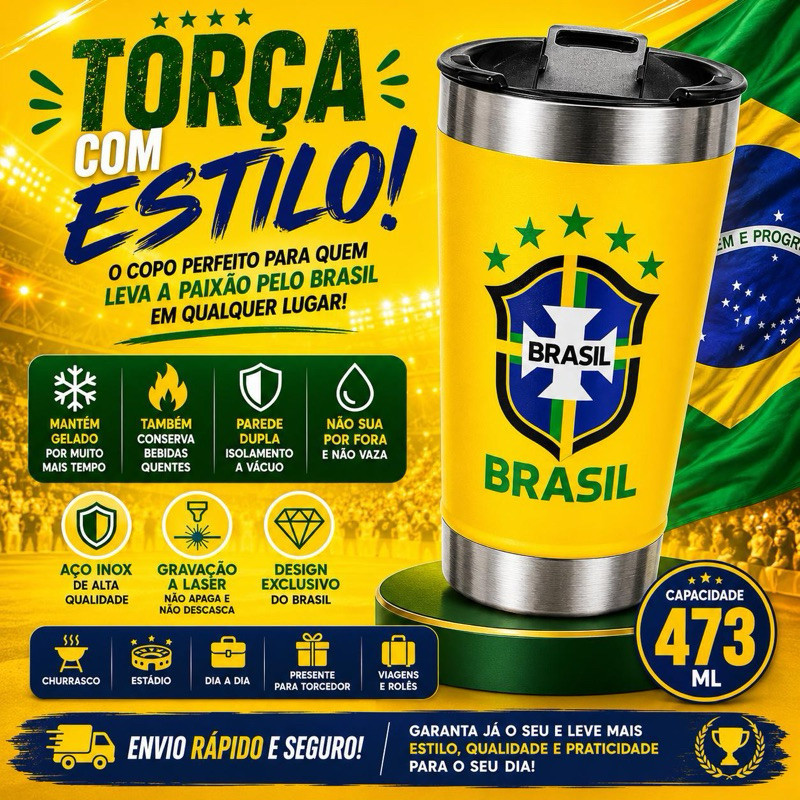 Copo Térmico Brasil 473ml Inox Com Tampa Abridor Parede Dupla Mantém ...