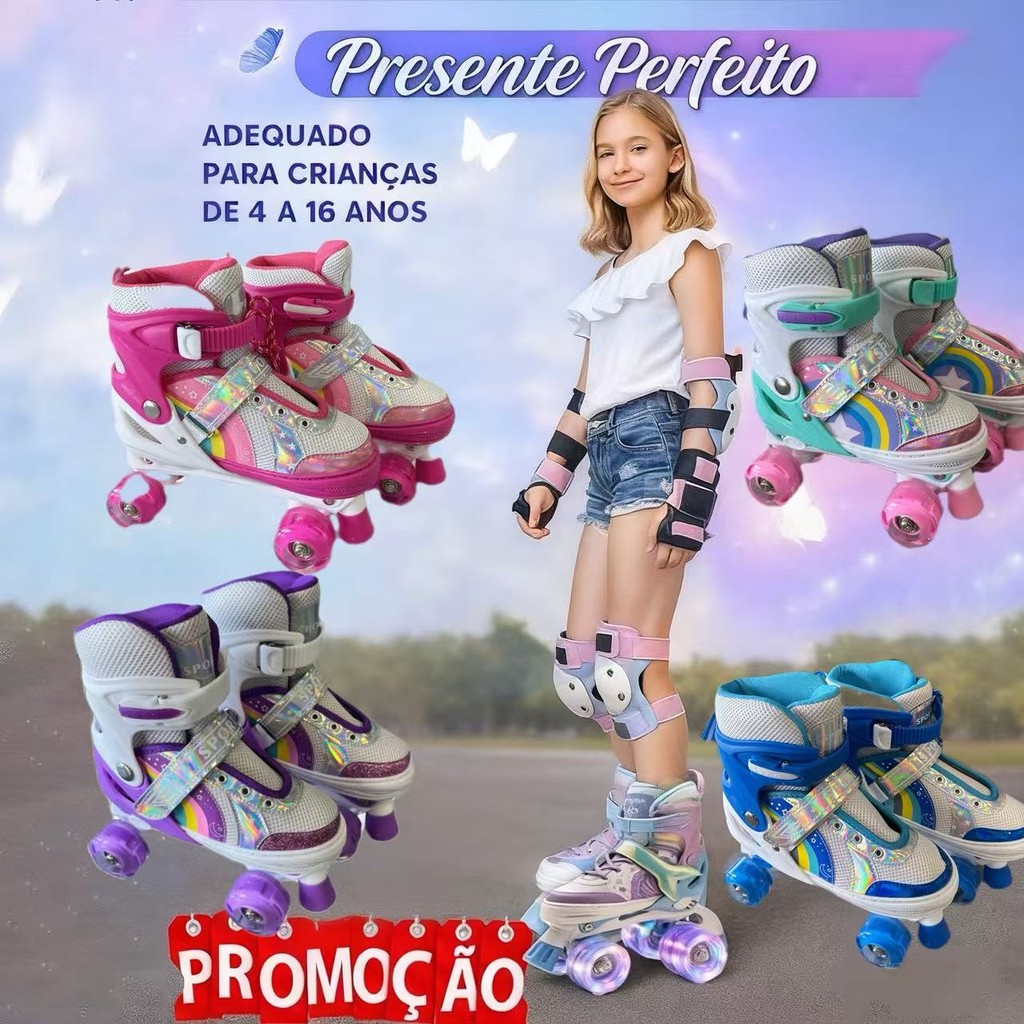 Patins roller 4 Rodas ARCO ÍRIS Com Luz De LED E Glitter Modelo Premium ...