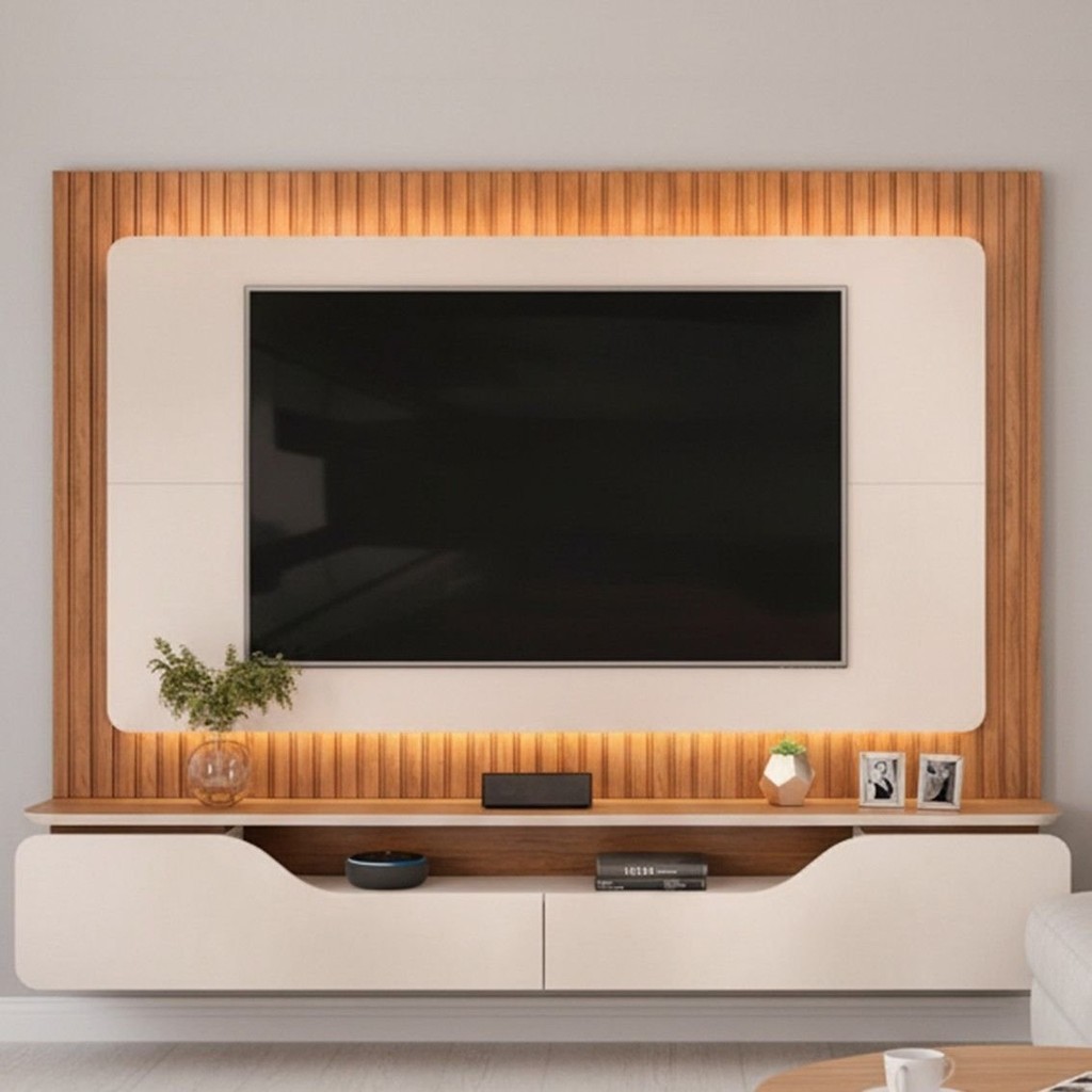 Painel para TV até 70 Polegadas Ripado 100% MDF com LED Treviso Off White/Freijó | Shopee Brasil