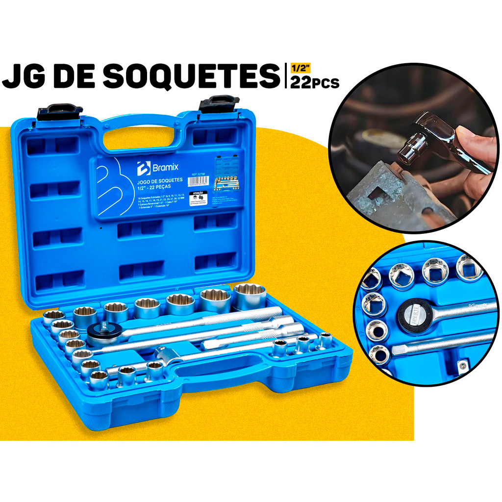 Jogo De Soquete Estriado 1/2 22 Peças Bramix C/ Catraca Maleta Completa ...