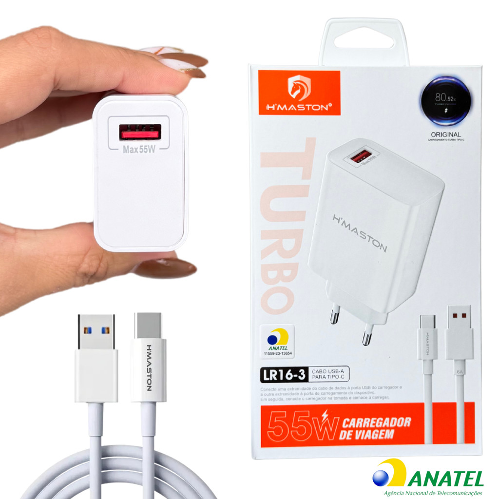 Carregador 55W Turbo + Cabo 1 Metro Tipo-C para Celular Android/iPhone ...