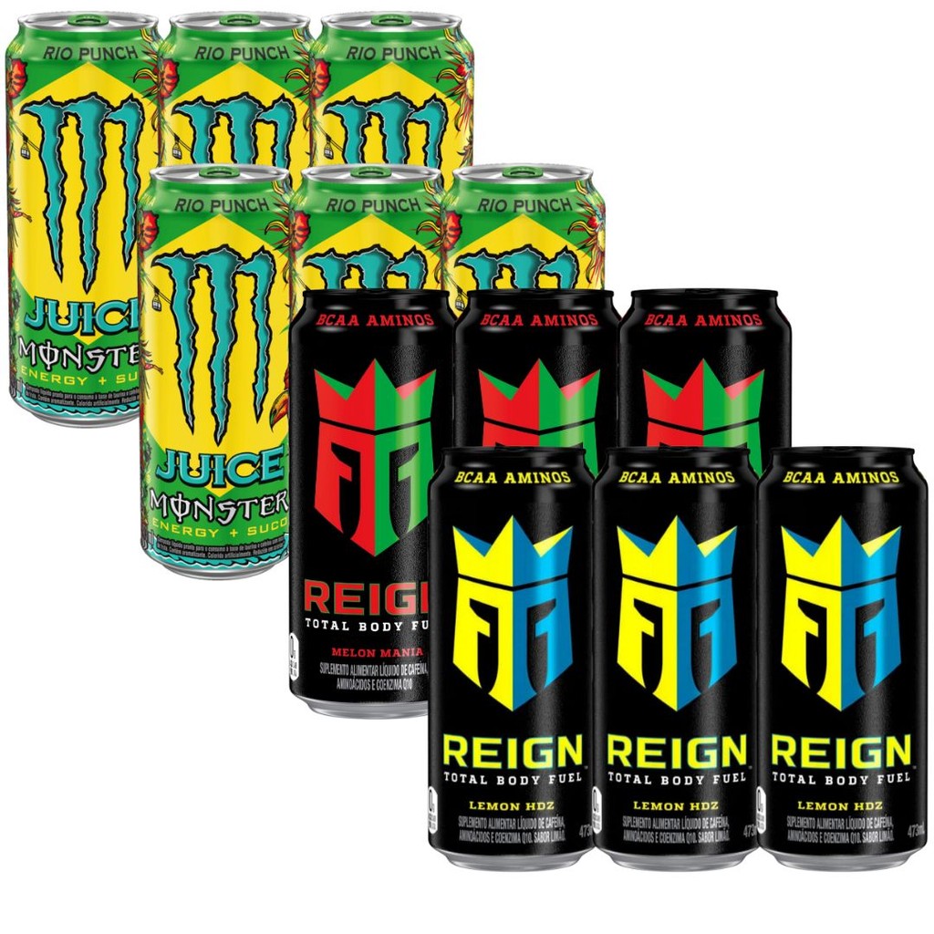 Kit Suplemento Reign e Energético Monster Lata 473ml 6un Rio Punch ...