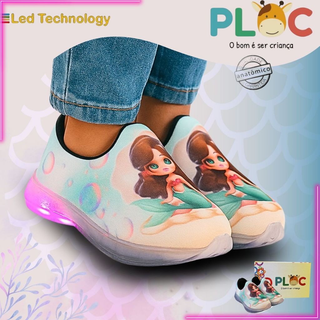 Tênis Led Tecnology Cores Ploc Pisou Piscou Personagens - Sereia Morena ...