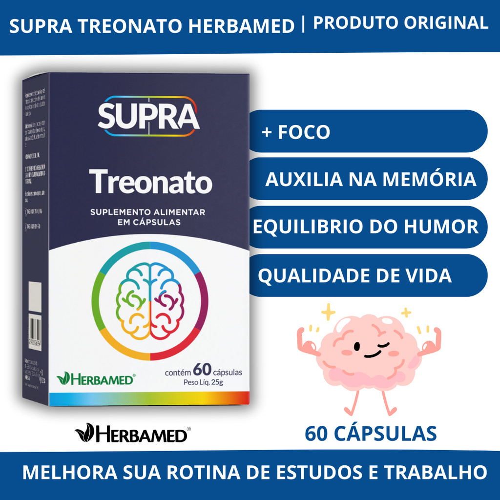 Magnésio Treonato Supra Herbamed 60 Cáps Alta Absorção para Foco ...