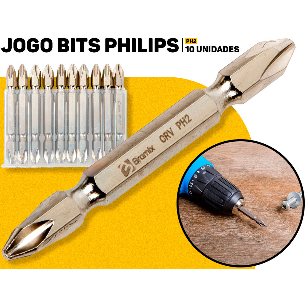 Jogo Kit 10 Peças Bits Philips Profissional Duplo 65mm Crv De Aço Cromo ...