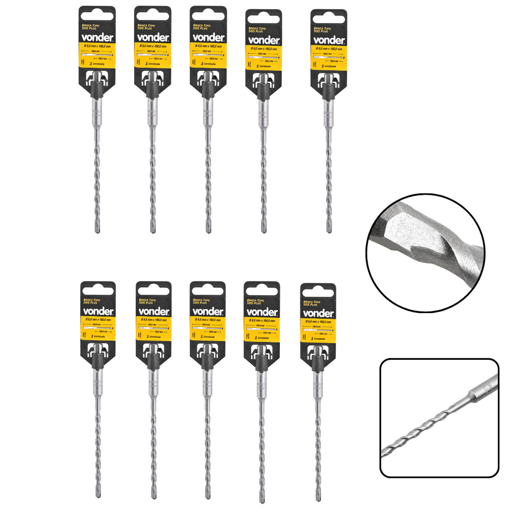 Kit Com 10 Brocas 6mm x 160mm Sds Plus Vonder | Shopee Brasil