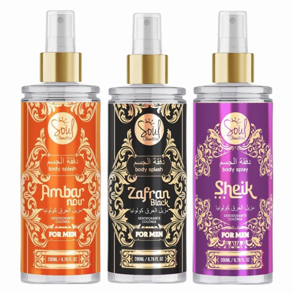 KIT 03 BODY SPLASH MASCULINO AMBAR - SHEIK - ZAFRAN SOUL DESODORANTE ...
