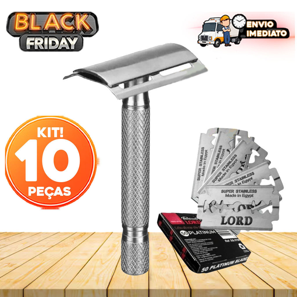 Kit com 10 Lâminas e Aparelho Barbeador Clássico Manual de Metal Retrô ...