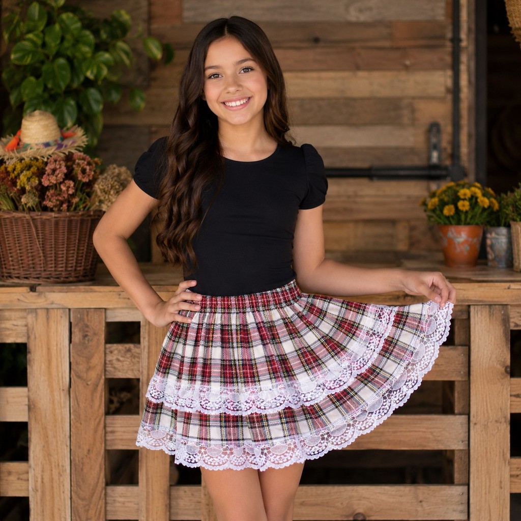 Saia Junina Infantil Xadrez Preta com Renda | Shopee Brasil