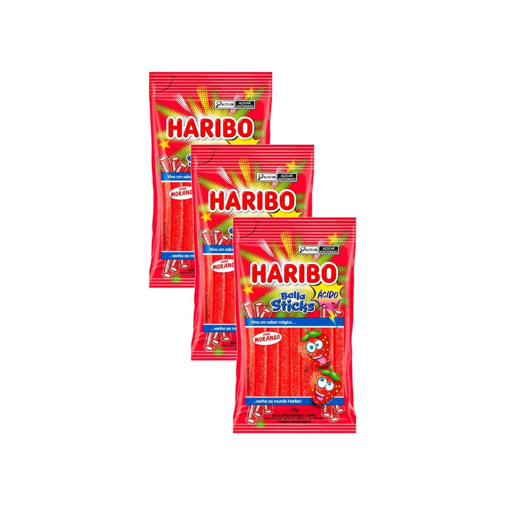Kit 3 Balas Haribo Sticks Morango Ácido 70g | Shopee Brasil