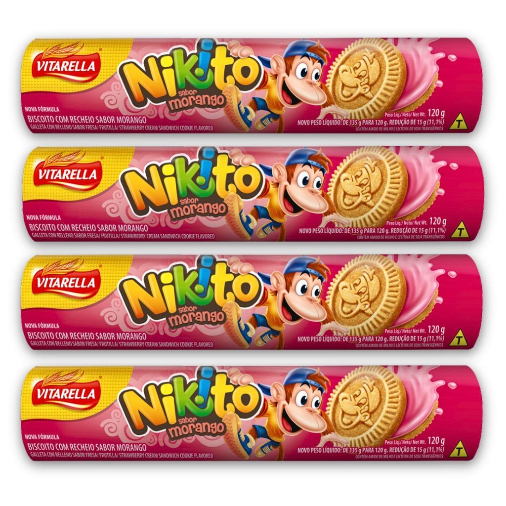 Kit 4un Biscoito Recheado 120g Morango Vitarella Nikito | Shopee Brasil