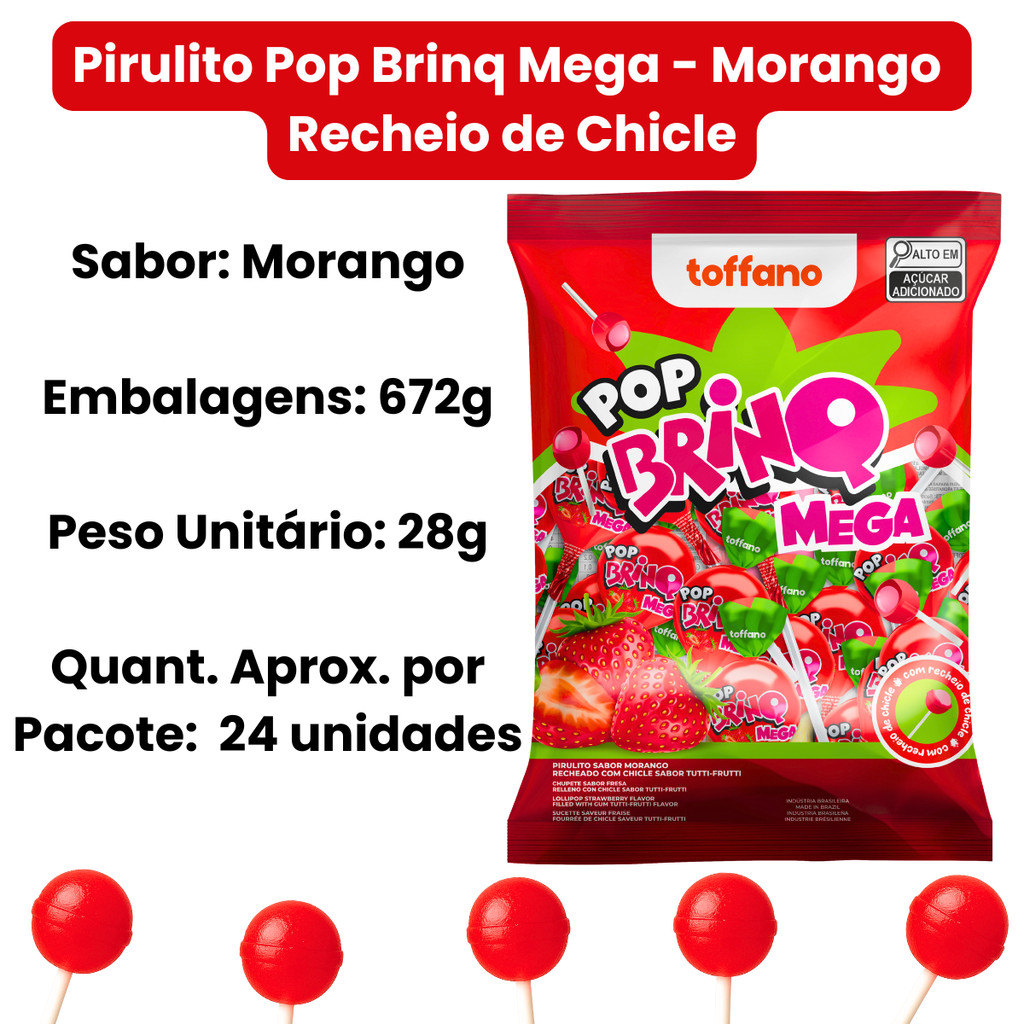 2 Pacotes Pirulitos Mega Morango Pop Brinq Recheio Chiclete | Shopee Brasil