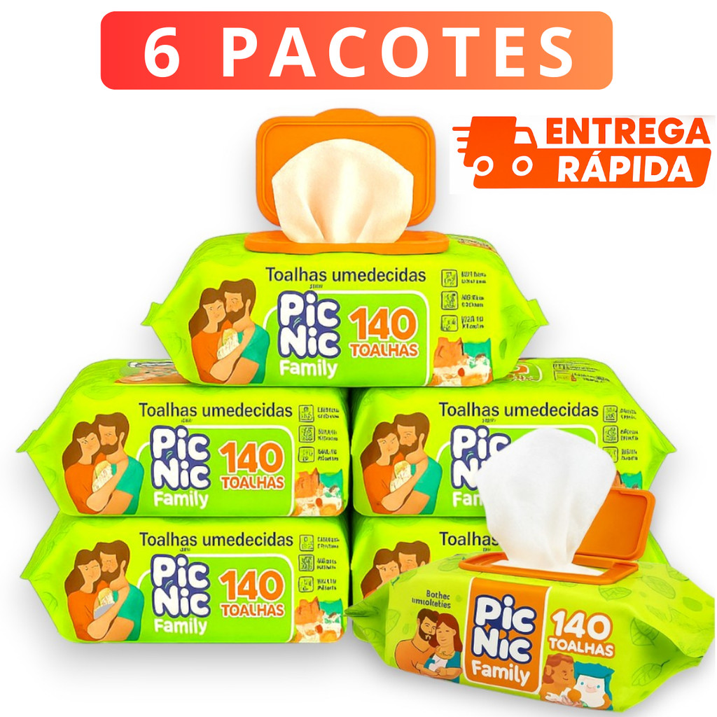 Kit 6 pacotes Lenço Umedecido Premium 840 Lencinhos Pic Nic Familia ...