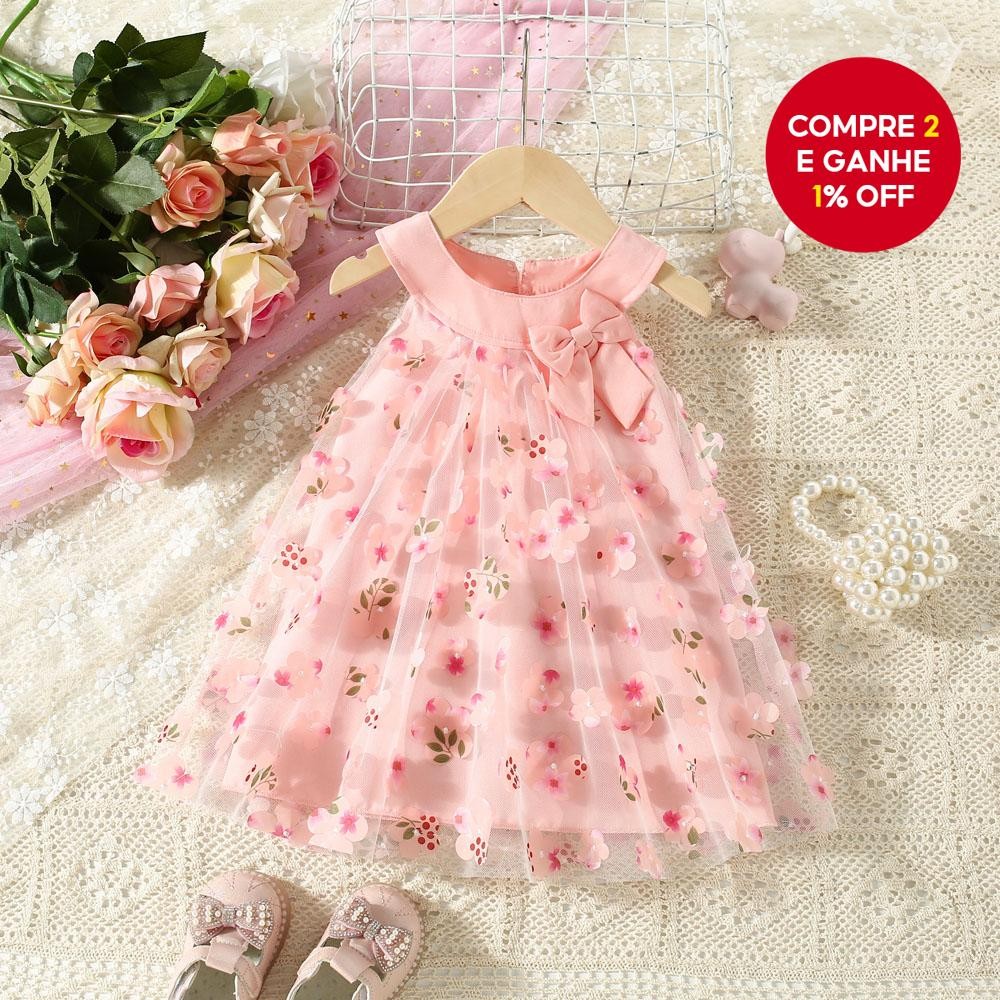Vestido rosa sem mangas para menina, com design floral, adequado para ...