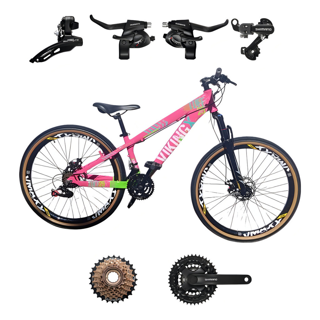 Bicicleta Vikingx 26 21v Tuff 25 Balão Faixa Amarela Shimano Cor Rosa/verde Tamanho Do Quadro 13 ...