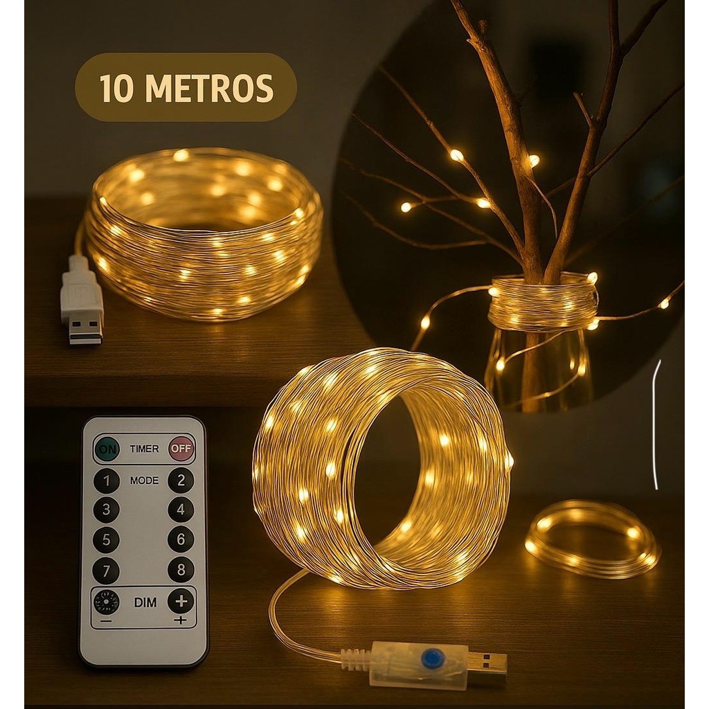 Fio de Luzes Led Fada 10 metros 100 Leds USB Com Controle Prata cordão ...