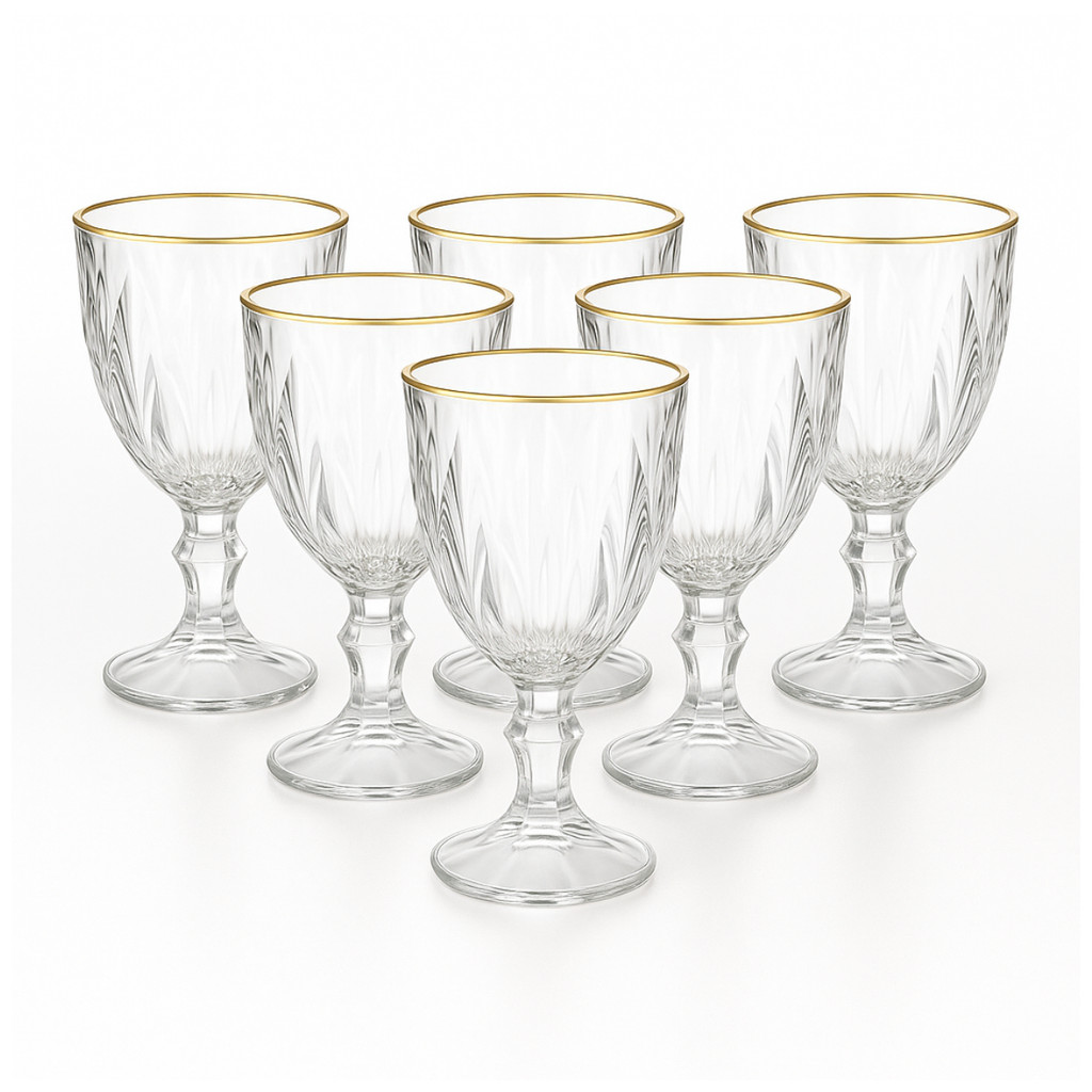 Jogo Conjunto Taça 6 Peças De Vidro Diamante Clear C/ Borda Dourada ...
