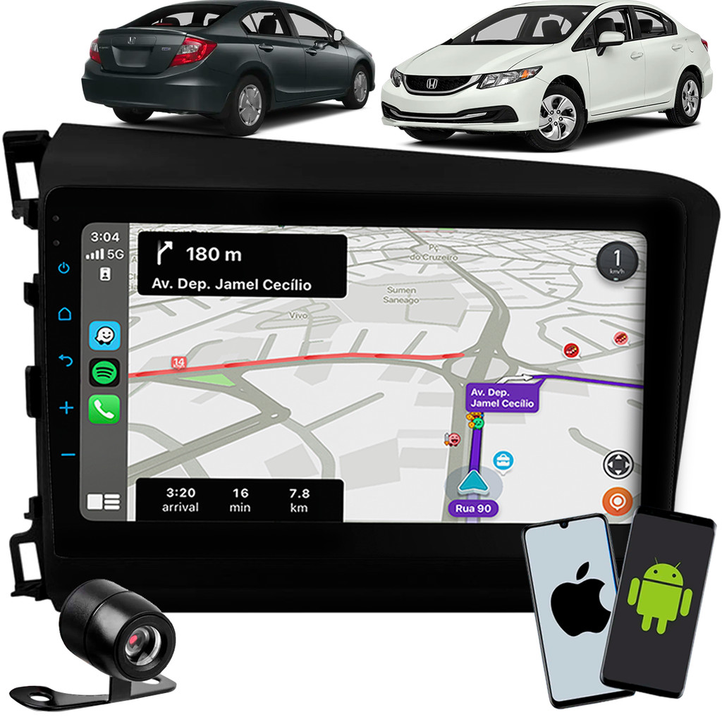 Central Multimídia Civic 9 Polegadas Carplay Android Auto Sem Fio Bluetooth + Moldura + Câmera ...