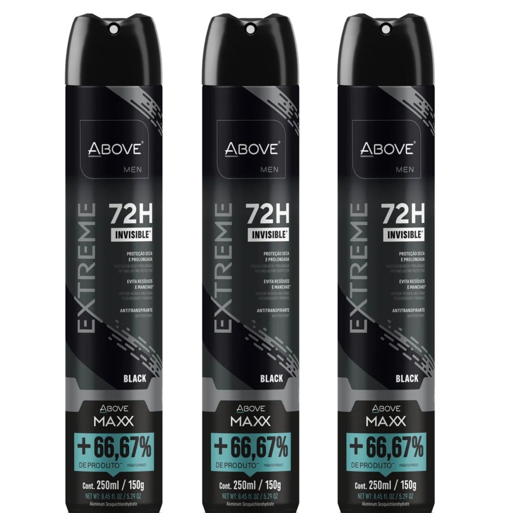 Kit 3 Desodorante Above Men Extreme Black Maxx 250ml 72h | Shopee Brasil