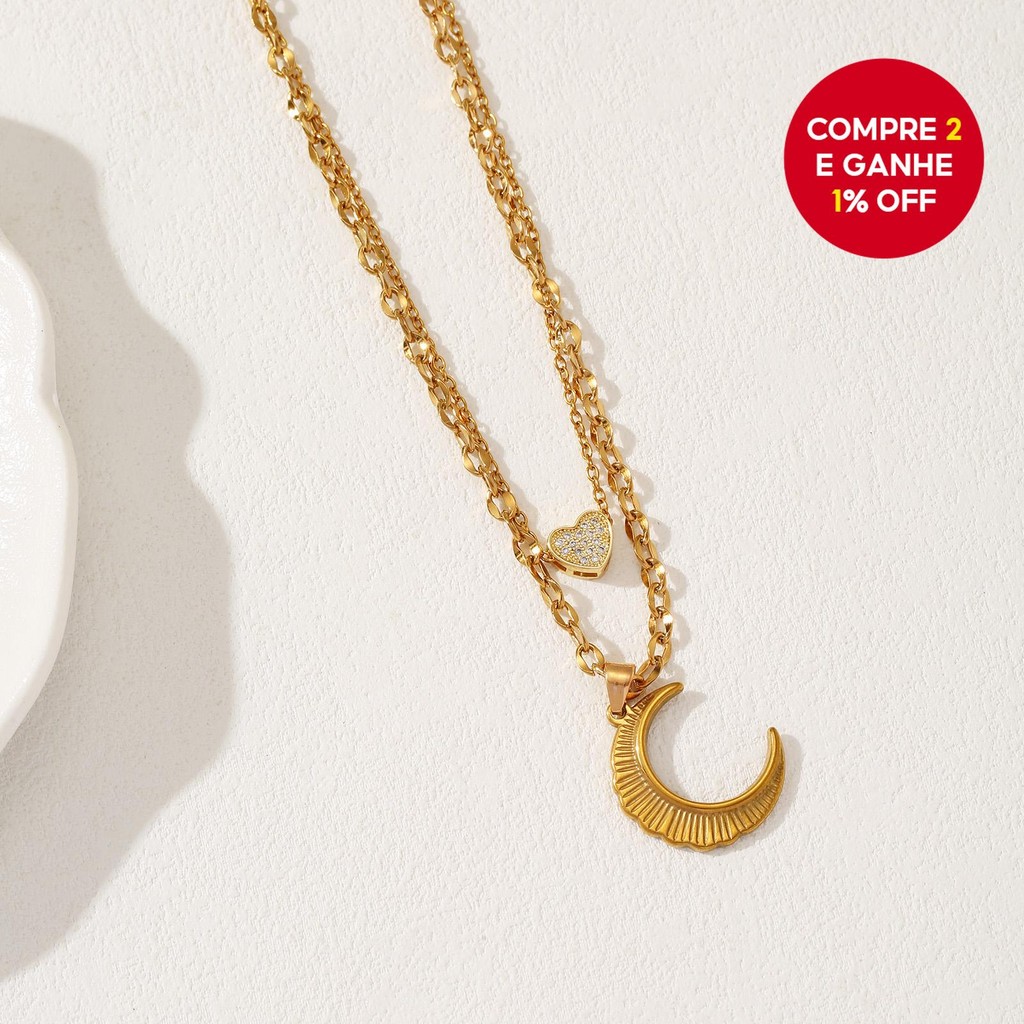 Colar de lua em ouro com dupla camada de corações, design sobreposto ...