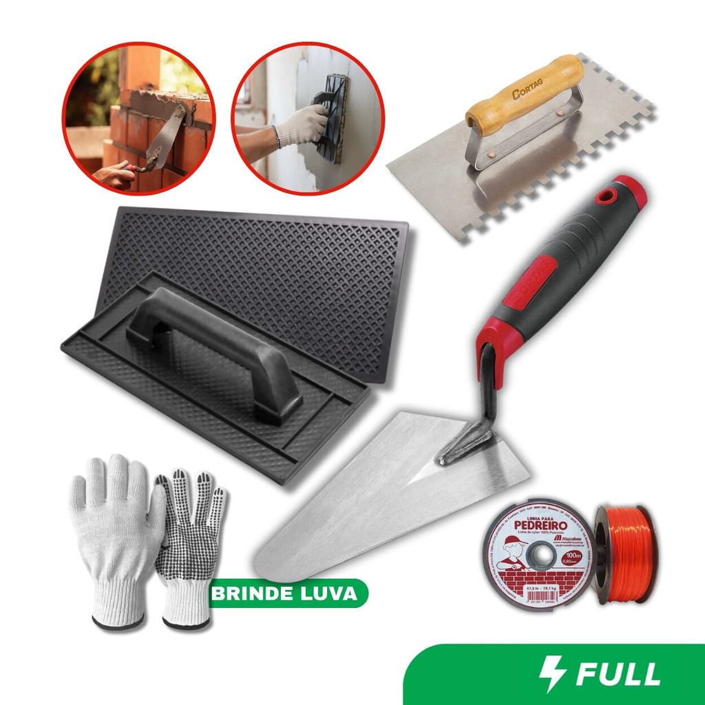 Kit Pedreiro Ferramentas Colher Linha Desempenadeira Plástico + Aço ...