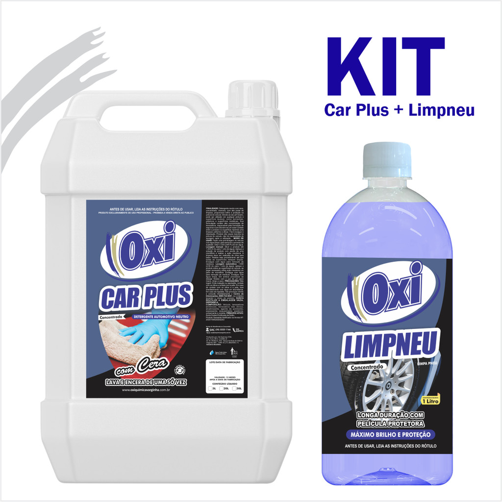 Kit Oxi Car Plus Shampoo com Cera 5L + Limpneu Pretinho 1L | Shopee Brasil