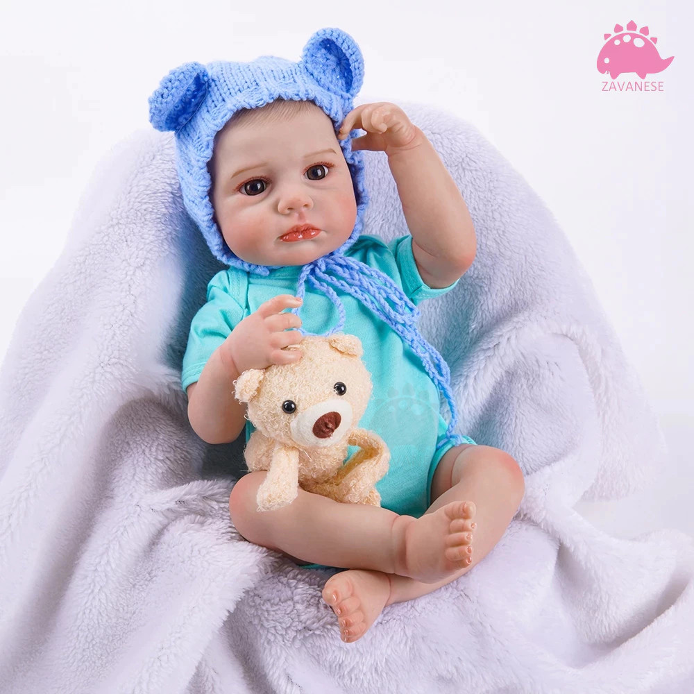 Boneca Reborn Ursinho Azul 55cm Silicone Macio Gorro de Orelhinhas e ...