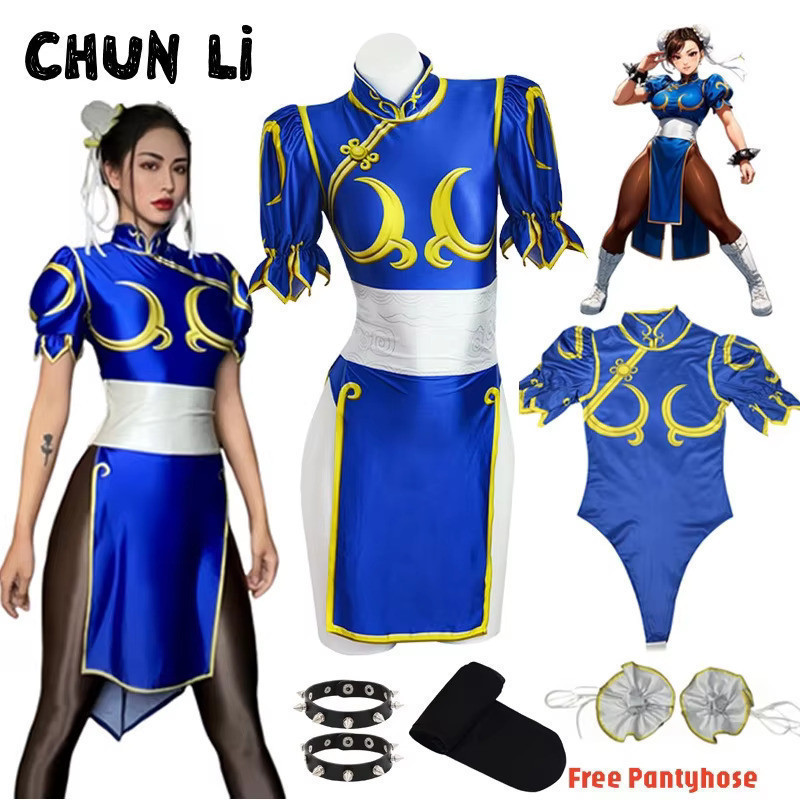 Fantasia de Street Fighter Chun Li , Cheongsam Azul com Presilha de Cabelo e Cinto , Halloween ...
