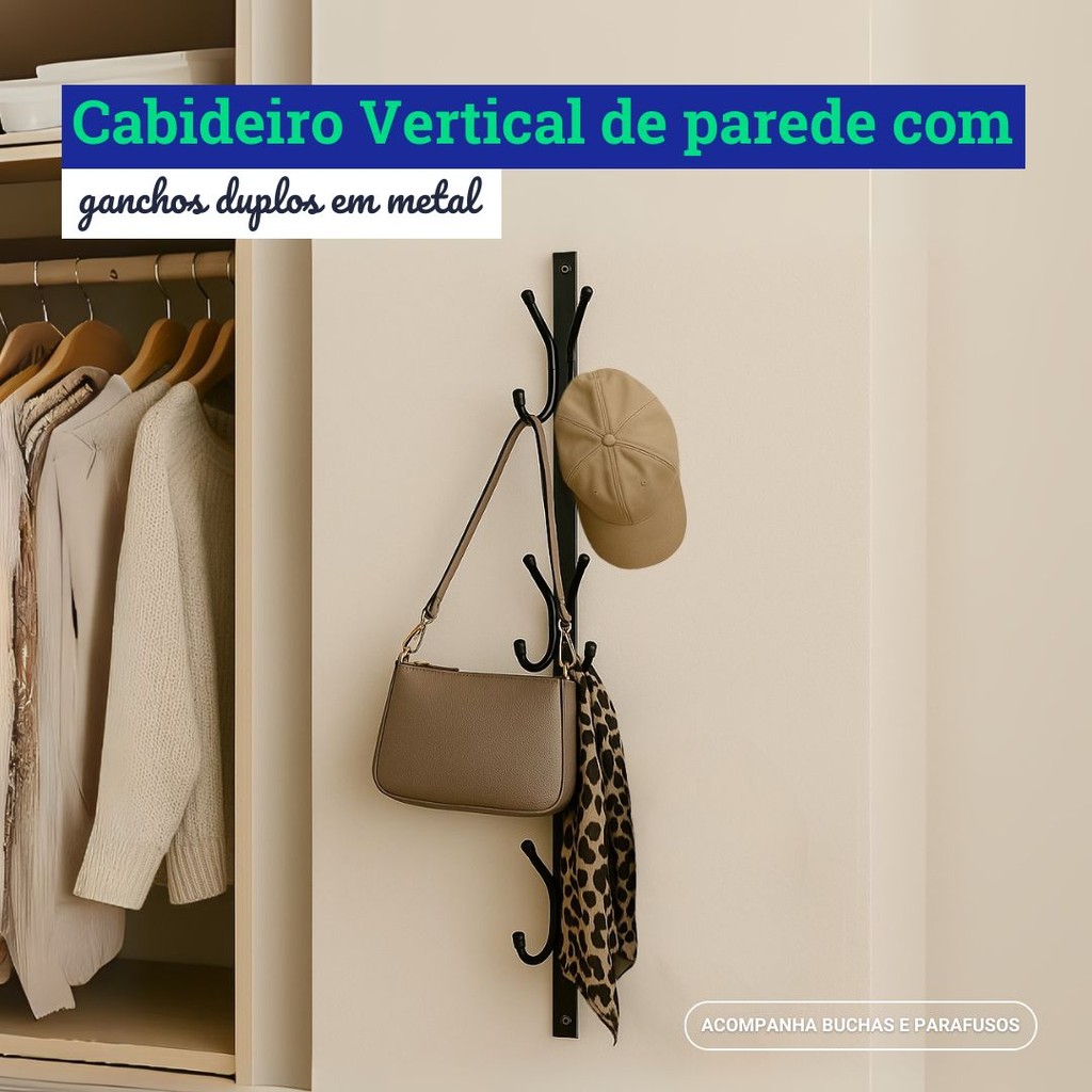 Suporte Organizador Cabideiro Vertical de Parede com Ganchos Duplos ...