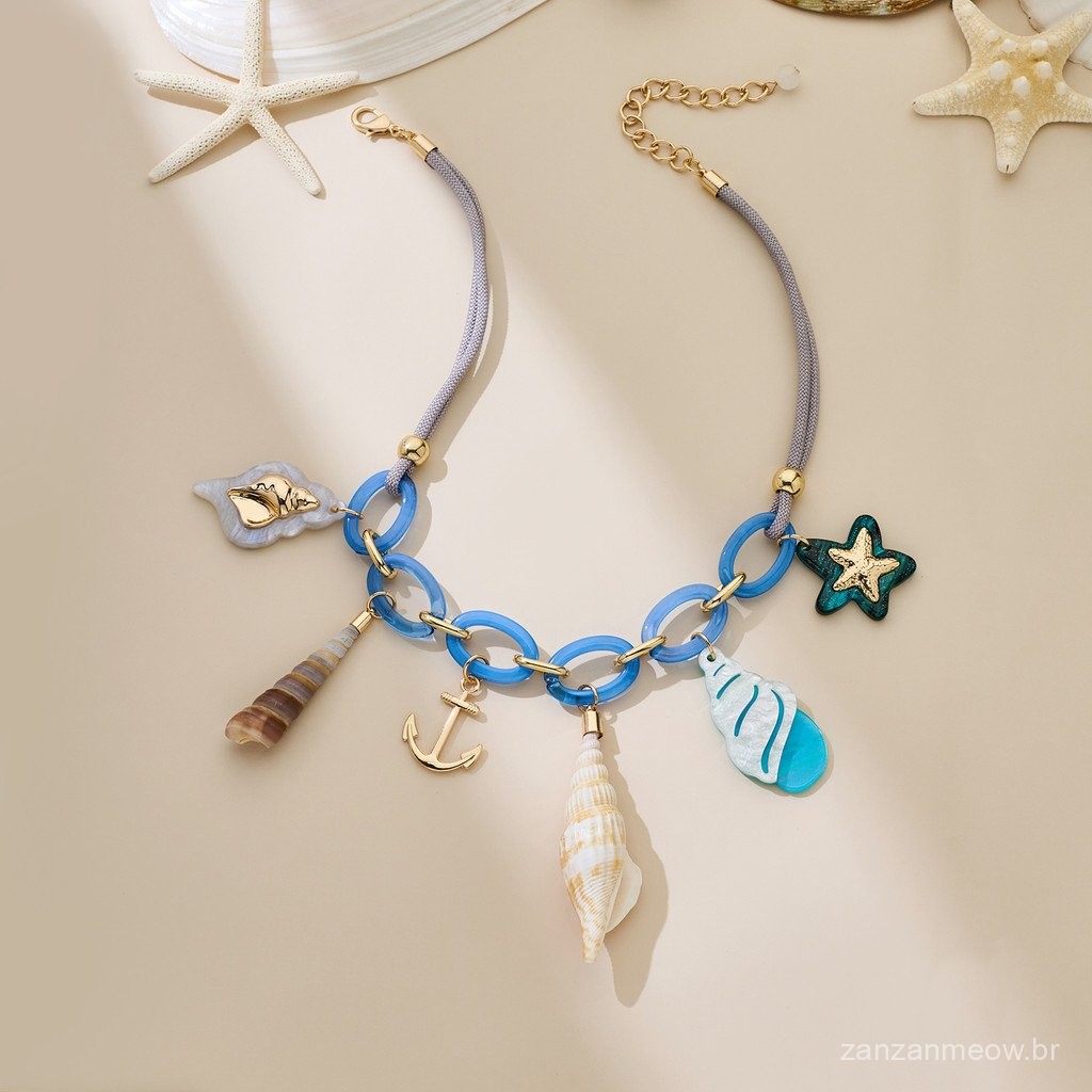 Colar Multi-Pingente Tema Praia Oceano Concha Estrela-do-mar Flor ...