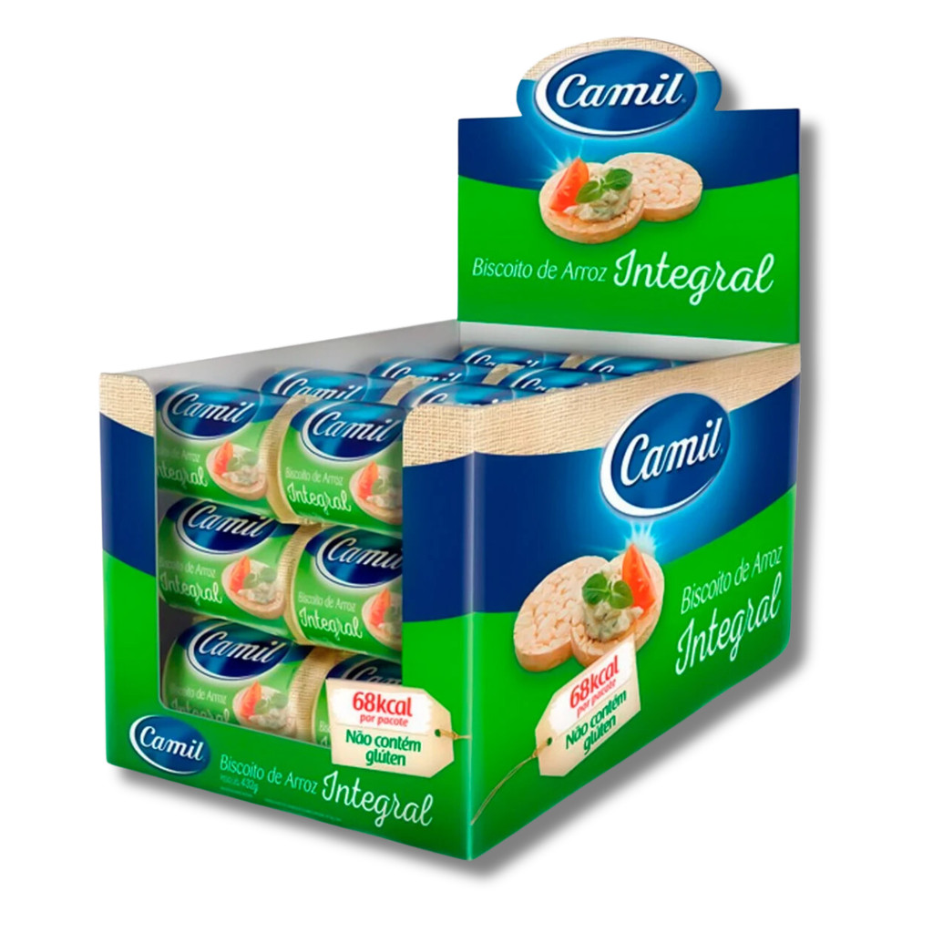 Caixa 24 Biscoito de Arroz Integral Camil 18g Total 432g | Shopee Brasil