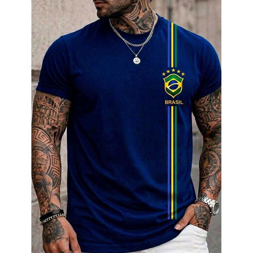 Camiseta Masculina Blusa Brasil 3 Listra T-Shirt Verao Manga Curta ...