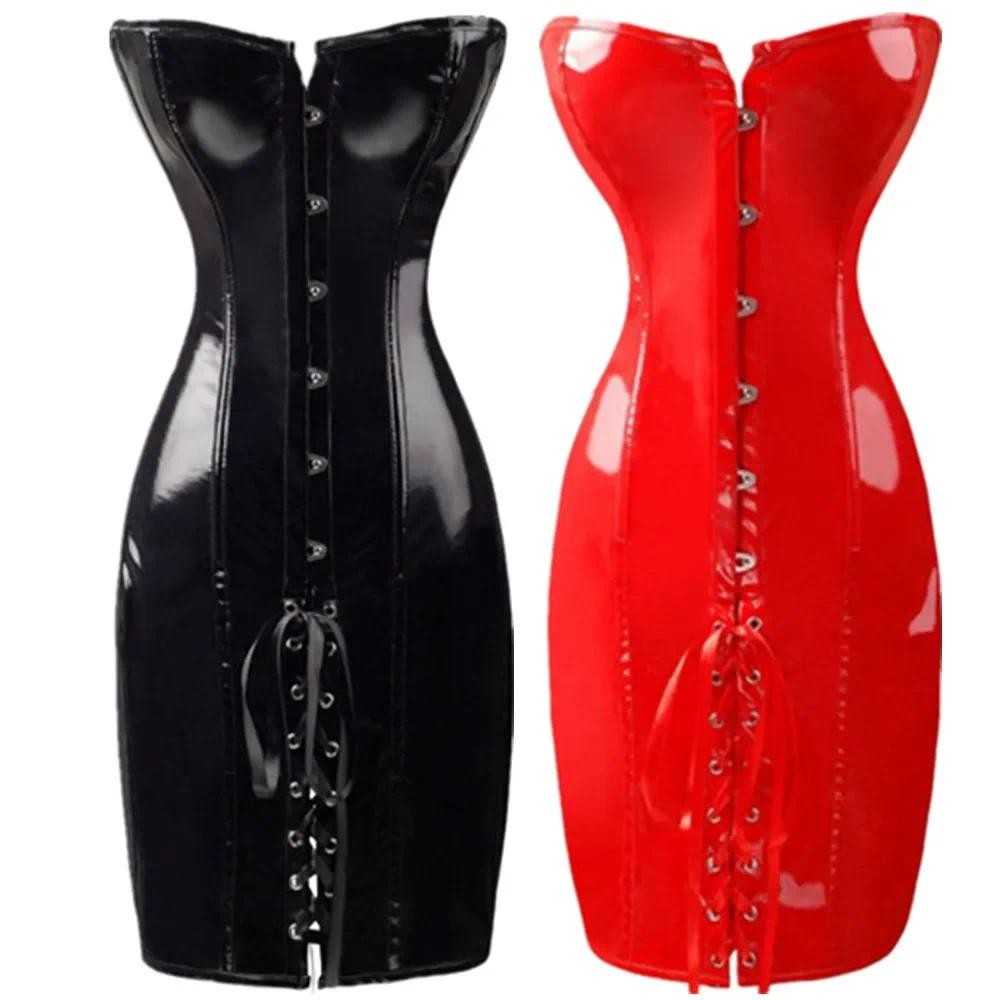 Vestido Espartilho De Couro PVC Sexy Feminino Gótico Punk Longo Sem ...