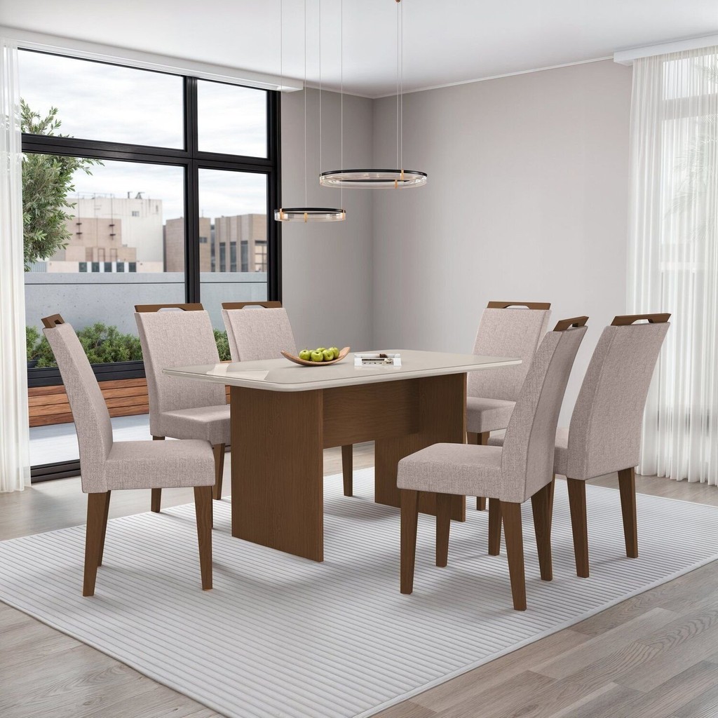 Mesa Cairo 160x78cm Tampo Mdf e Vidro com 6 Cadeiras Evora | Shopee Brasil