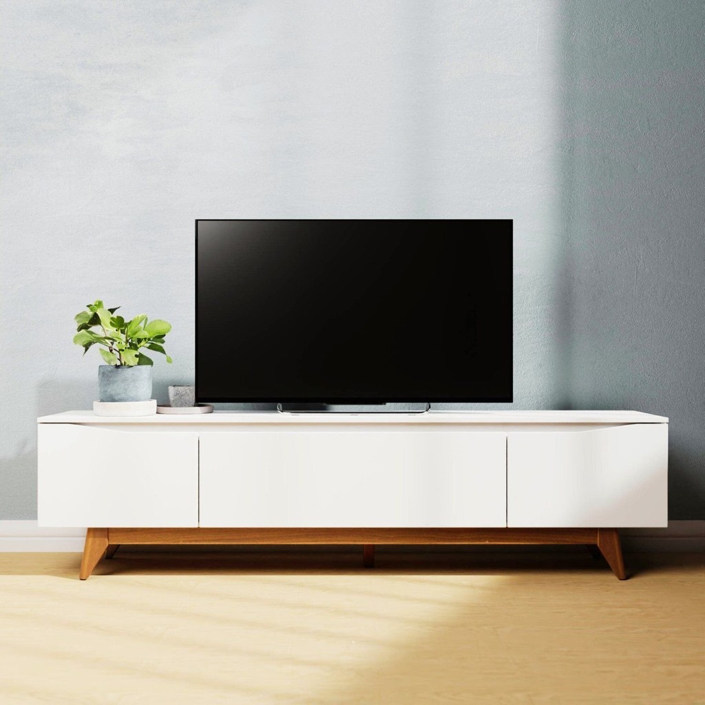 Rack para Tv 75 Polegadas Pés em Madeira Maciça 219,5cm Flynt Branco ...