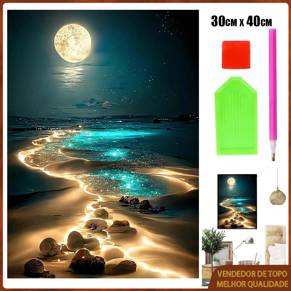 Conjunto de pintura diamante redondo 5D luar praia DIY ponto pintura ...