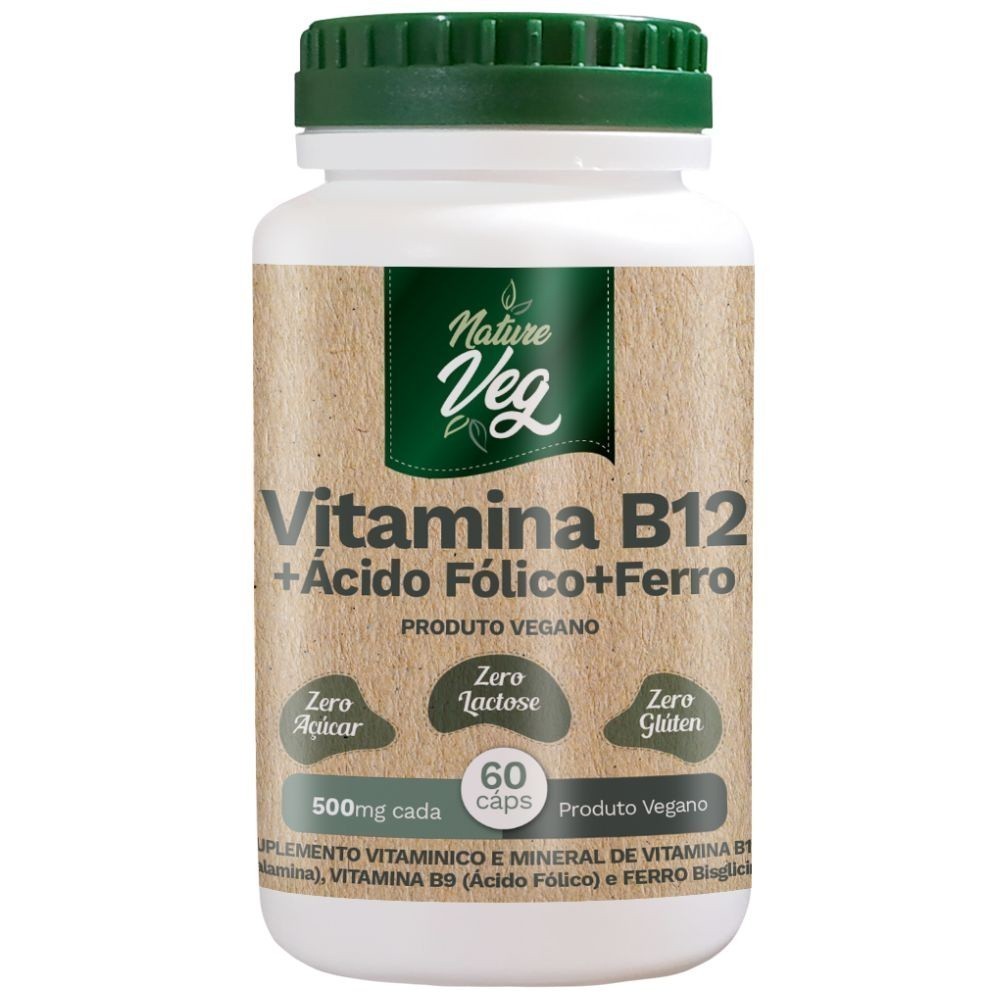 Vitamina B12 + Ácido Fólico + Ferro (Produto Vegano) em Cápsula 60 Cáps ...