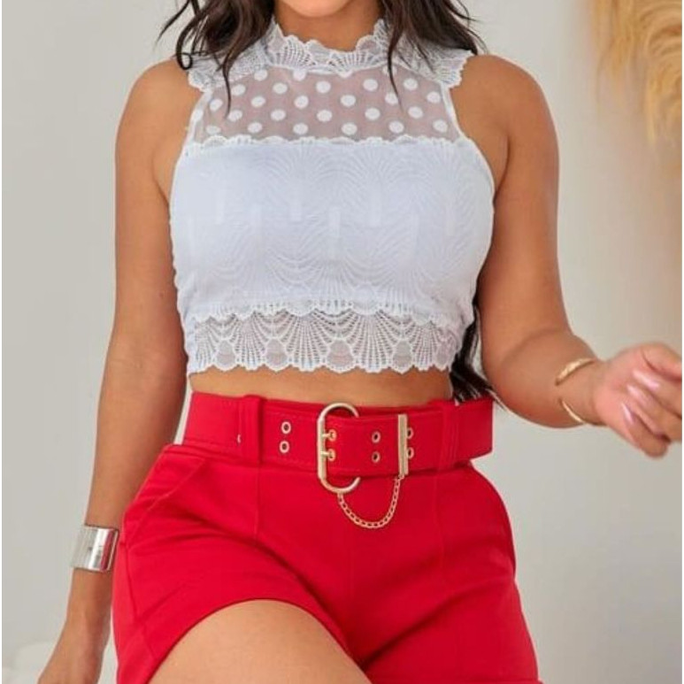 Conjunto feminino cropped plissado de renda com bojo e short com cinto ...