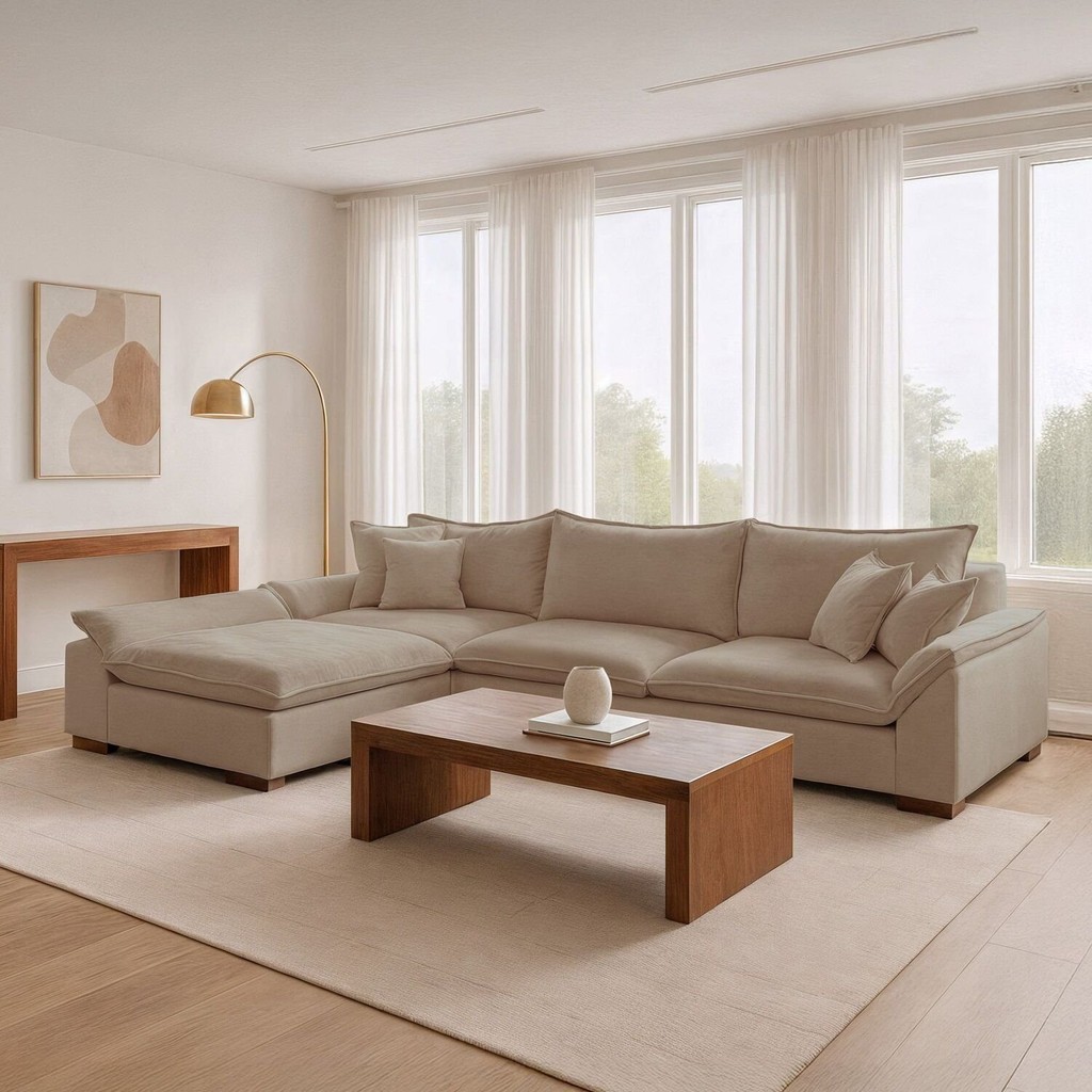 Sofá Modulado com Chaise Dominique Base em Madeira Maciça Linho Bege ...