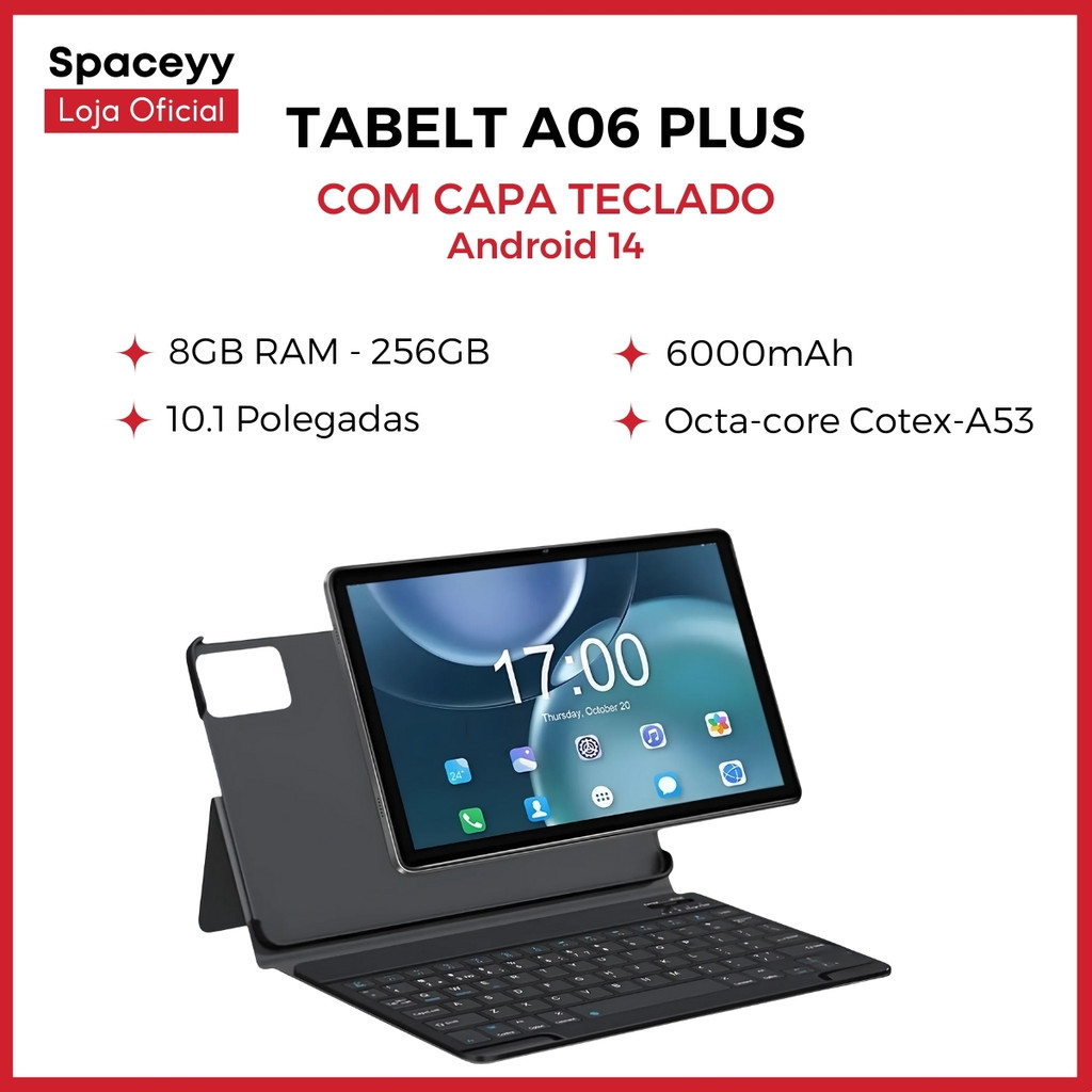 Tablet A06 Plus 10.1″ Full HD – Android 14, 8GB RAM, 256GB, Octa-Core, Teclado Bluetooth + Capa ...