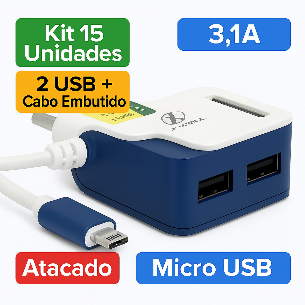 Kit 15 Carregadores Micro Usb V8 Cabo Embutido + 2 Usb 3.1a Atacado ...