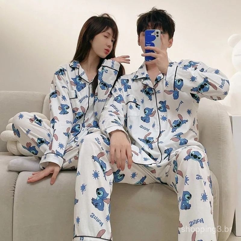 Stitch Pijama Manga Longa Algodão Homens Mulheres Estilo Casal Terno ...