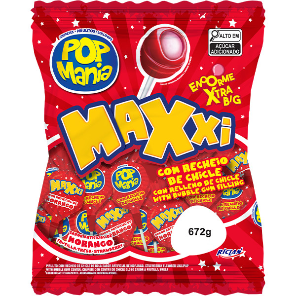 Pirulito Maxxi sabor Morango com recheio de chiclete Pacote com 672g ...